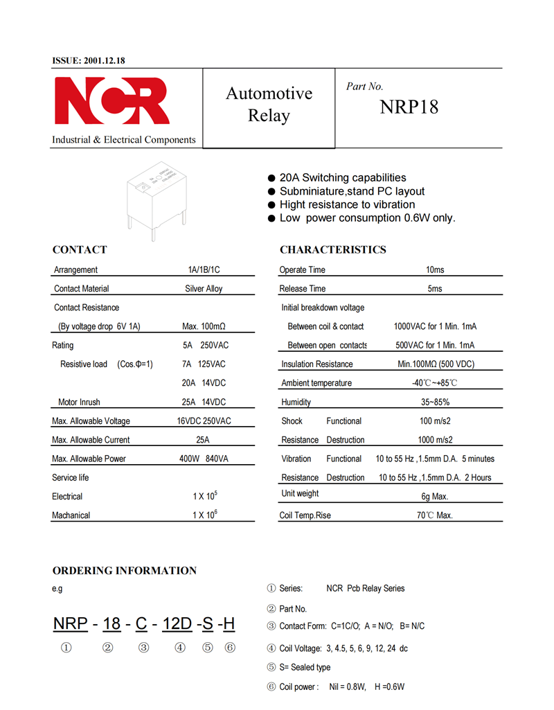 AUTOMOTIVE RELAYS-NRP18 - Ncr Industrial